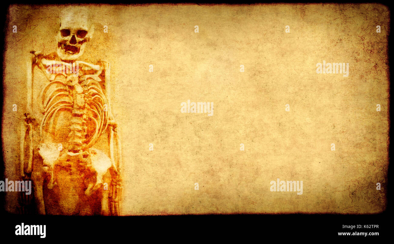 Halloween grunge background with human skeleton and old paper texture ...