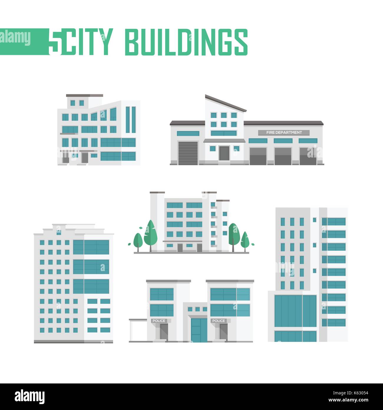Five city buildings set of icons - vector illustration isolated on ...