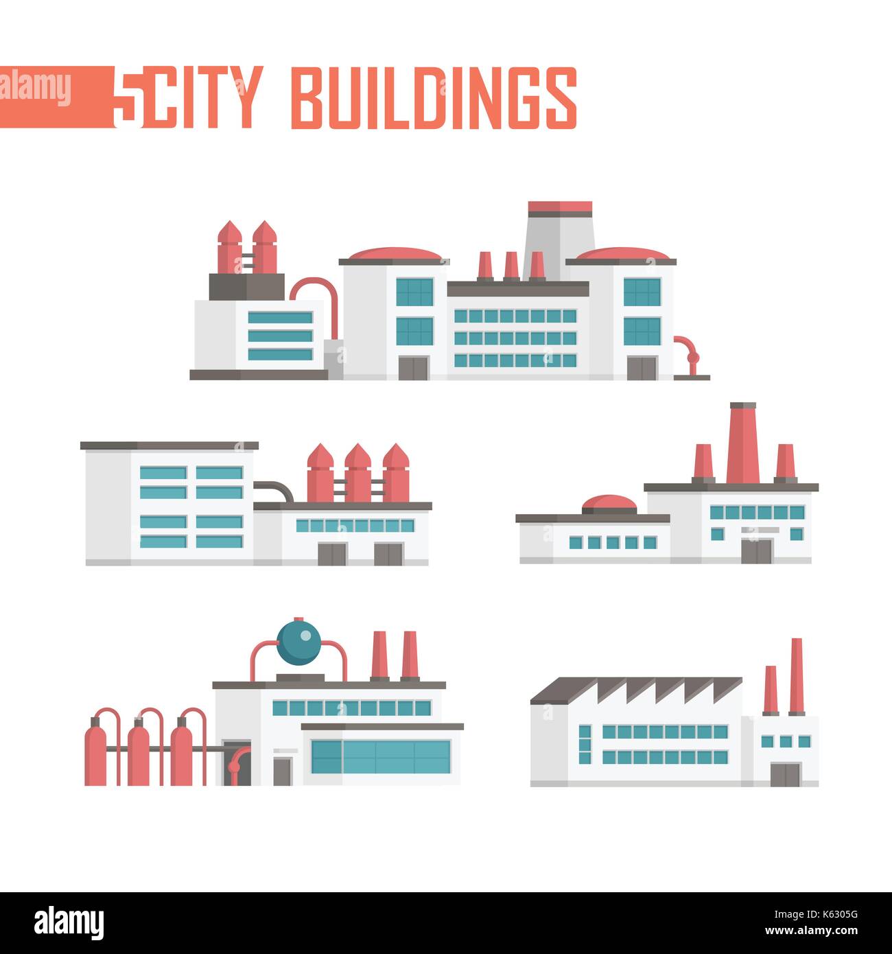 Five city industrial buildings set of icons - vector illustration ...