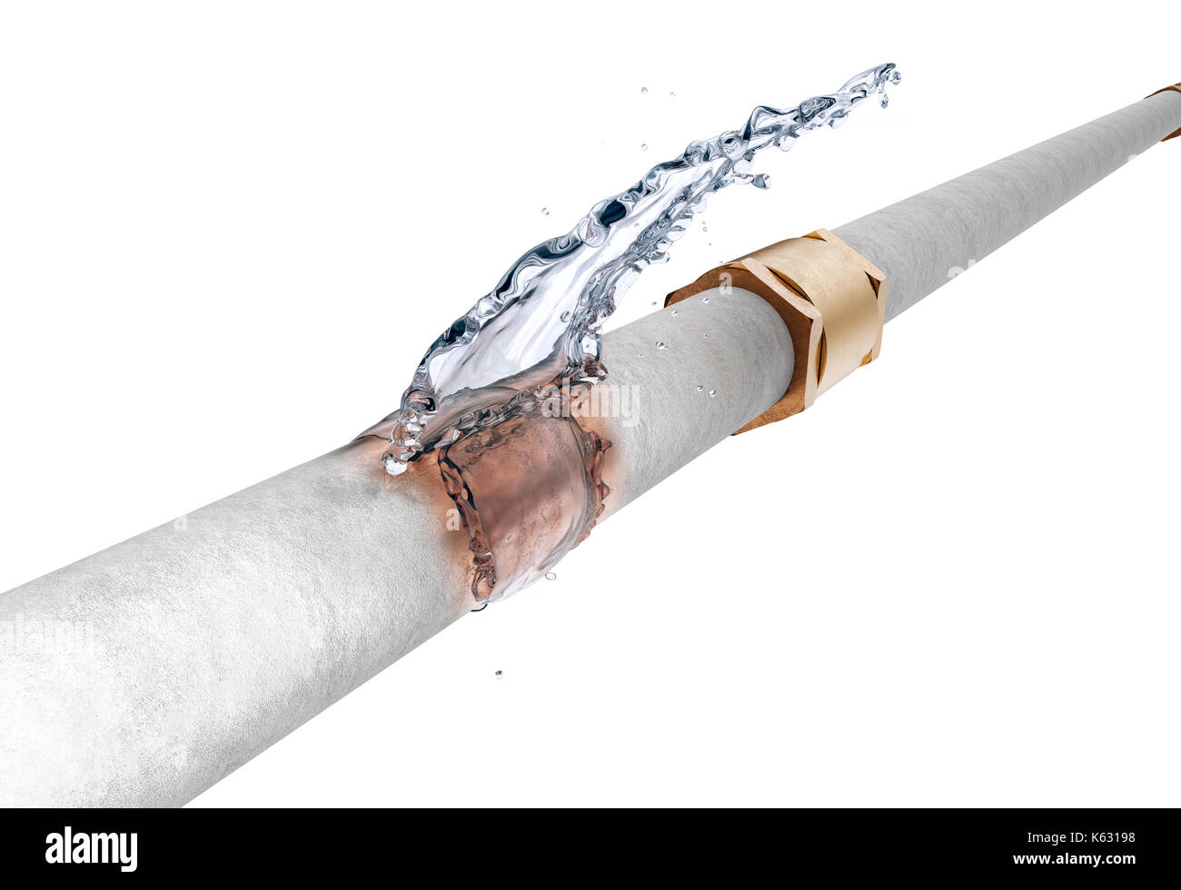 frozen broken pipe is leaking water, isolated on white. 3d illustration ...