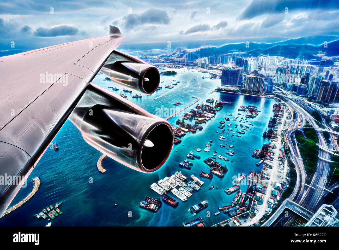 view out of an airplane window over hong kong Stock Photo - Alamy