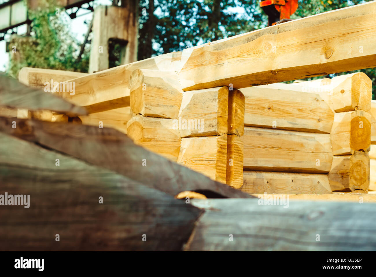 Structure of a wooden house under construction - Poland Stock Photo - Alamy