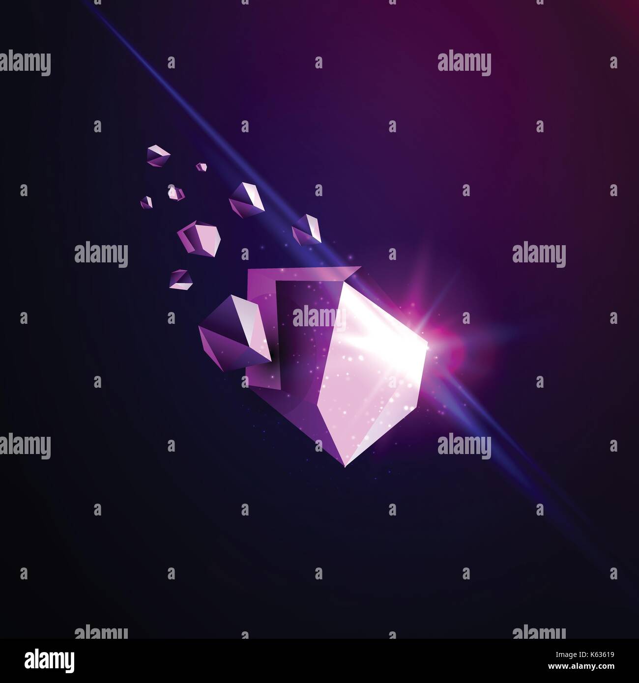 Falling beauty stone, space debris, violet collapsing asteroid, vector ...