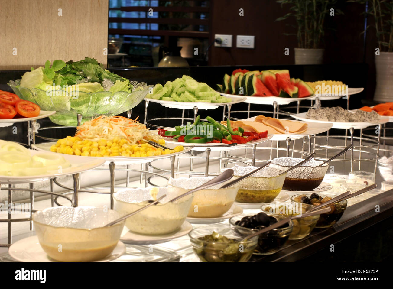 healthy food, vegetables salad bar on buffet line in restaurant Stock ...
