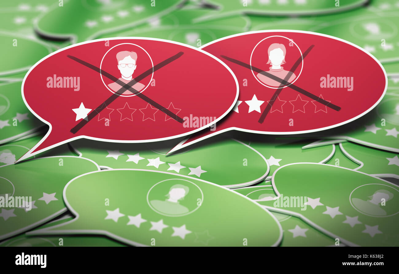 3D illustration of many speech bubbles with two negative business ...