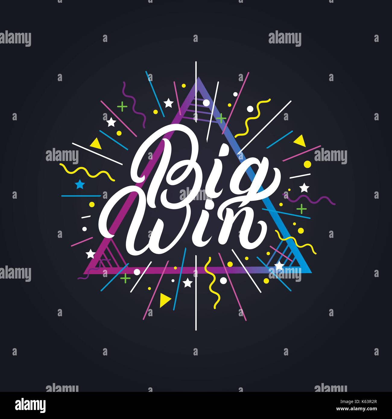 Big Win hand written lettering quote. Vintage retro style. Fireworks ...