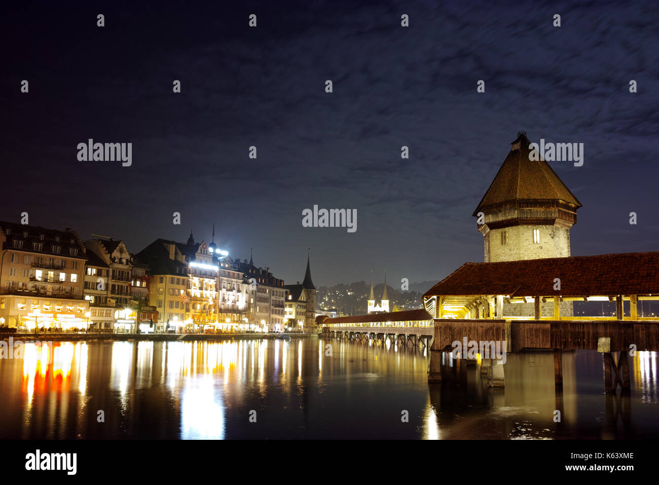 Night photos of Chapel Bridge in City of Lucern, Canton of Lucerne ...