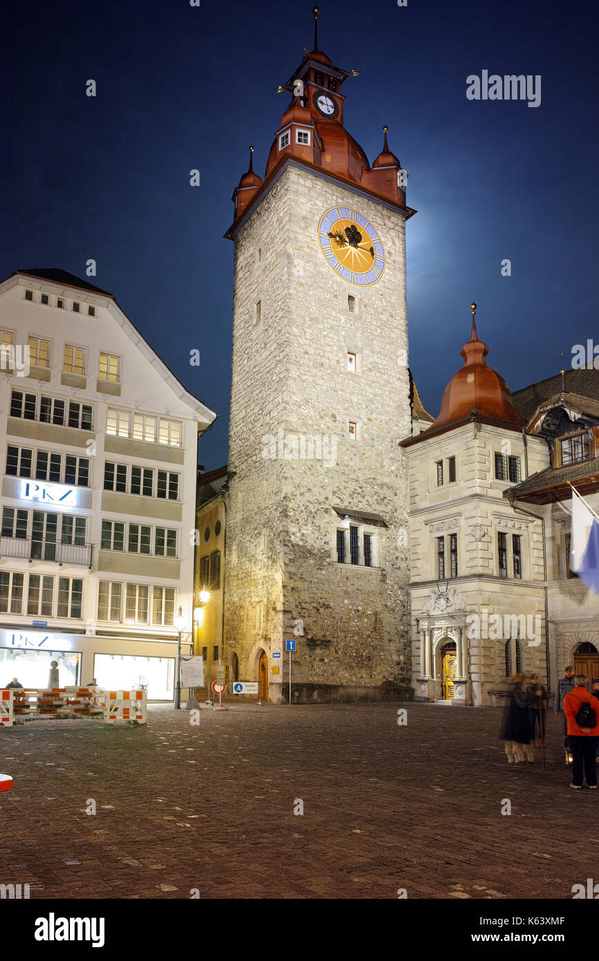 Night photos of Clock Tower in City of Lucern, Canton of Lucerne ...