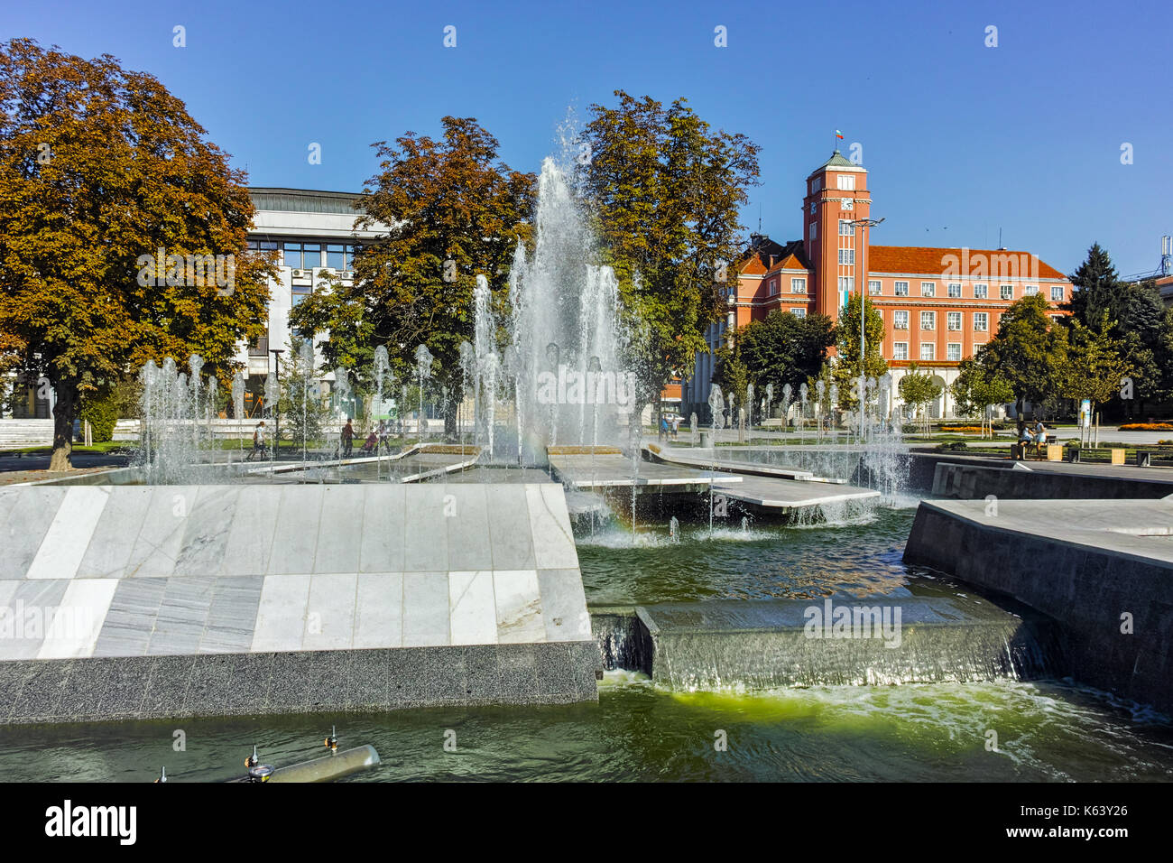 Town Hall and Fountain in the center of City of Pleven, Bulgaria Stock ...