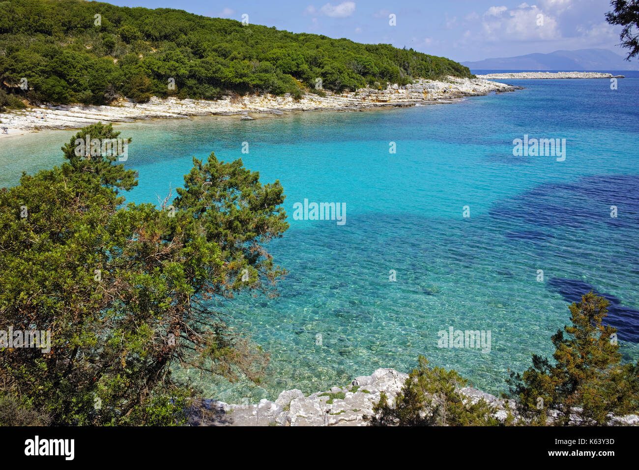 Blue waters of Emblisi Fiskardo Beach, Kefalonia, Ionian islands ...