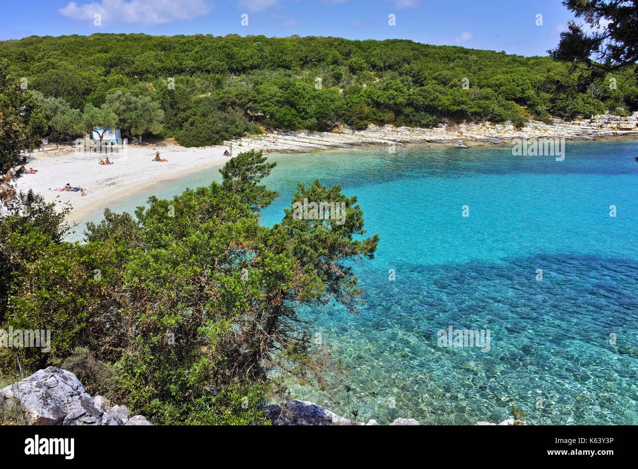 Blue waters of Emblisi Fiskardo Beach, Kefalonia, Ionian islands ...