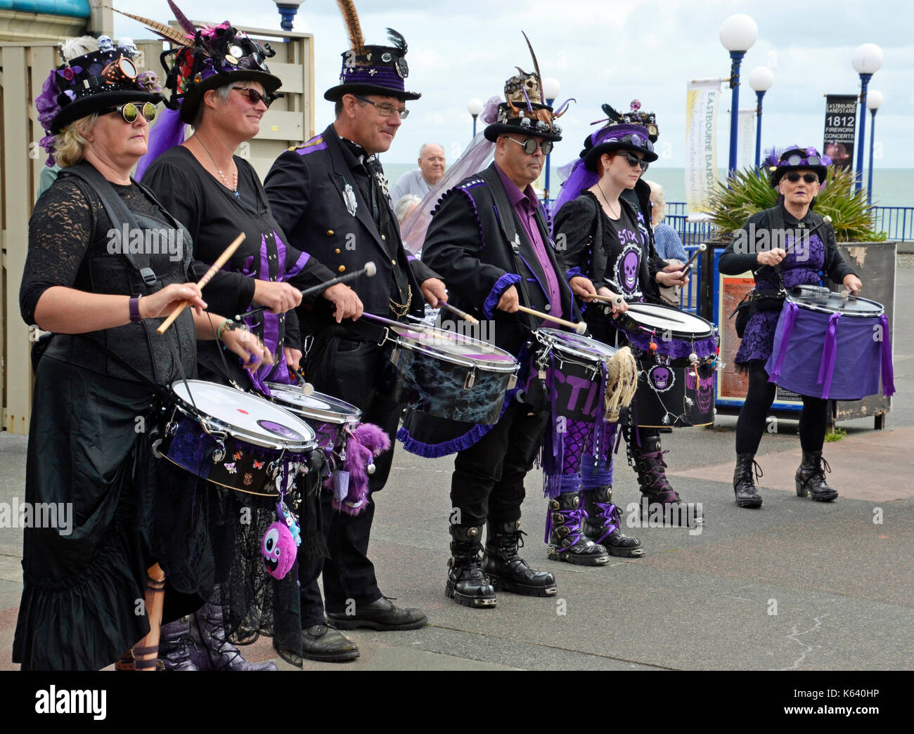 The Stix Drummers performing on the promenade at Eastbourne Steampunk ...