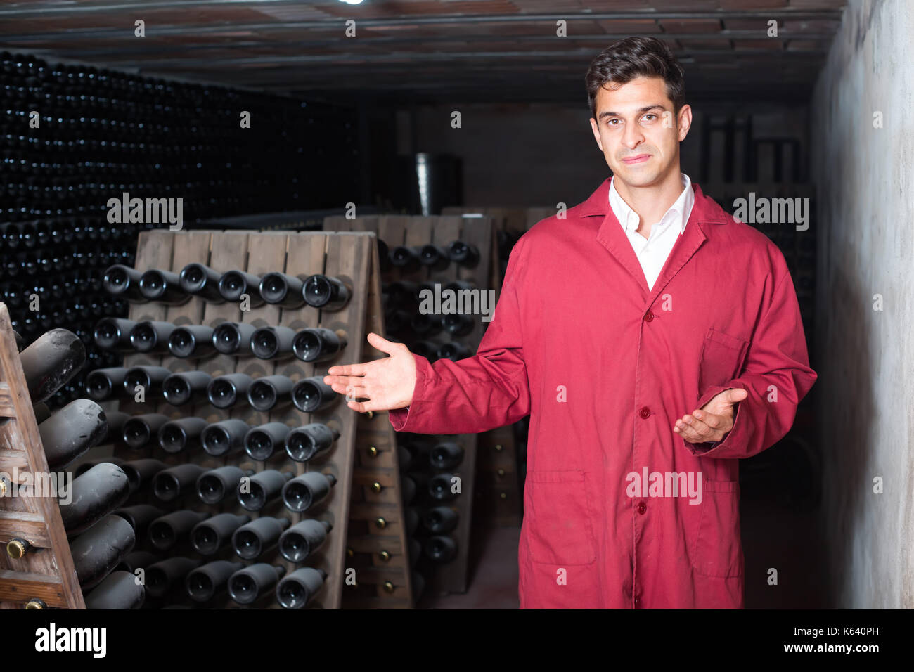 calm man wearing uniform working with bottle storage racks in winery ...