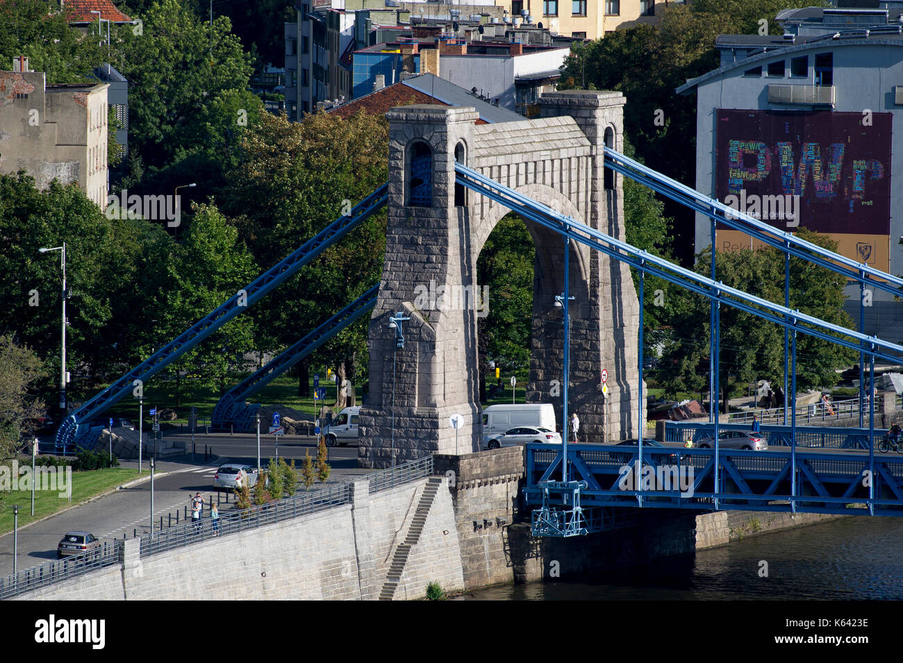 Suspension bridge Most Grunwaldzki (Grunwald Bridge) over Oder river ...