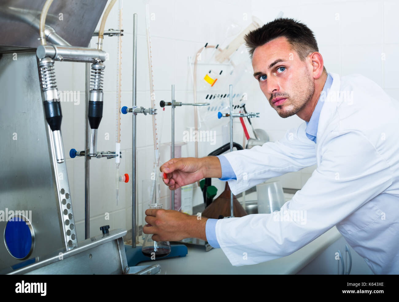 attentive young man making tests in wine manufactory laboratory Stock ...