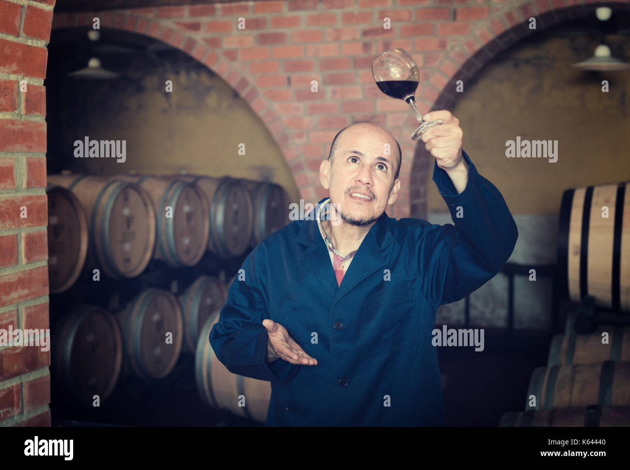 smiling mature male winemaker in uniform examining glass of wine in ...