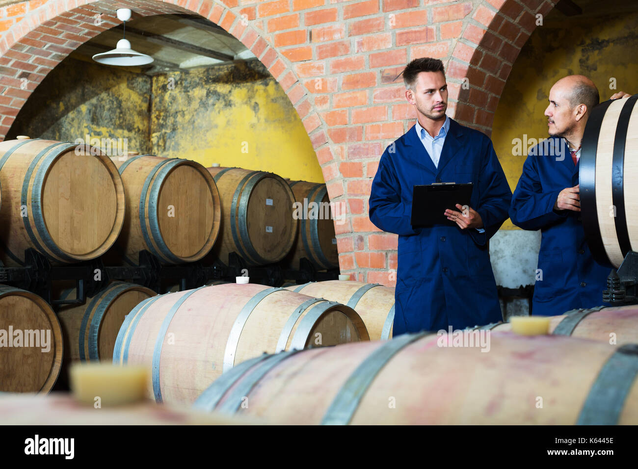 portrait of two men wine makers wearing uniform standing with cardboard ...