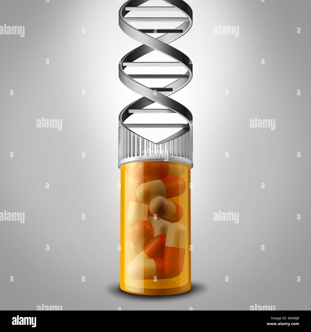 Genetic medicine with a prescription pill bottle shaped as a DNA double ...