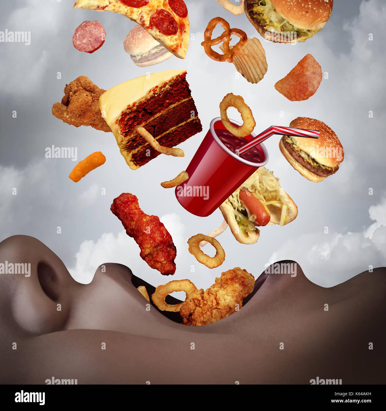 Eating an unhealthy diet as a human mouth binging on high calorie food ...