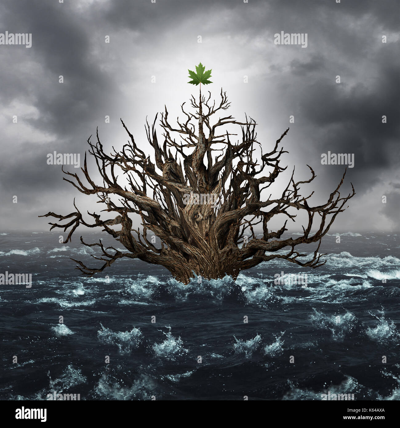 Concept of survival and business endurance as a drowning tree with one ...