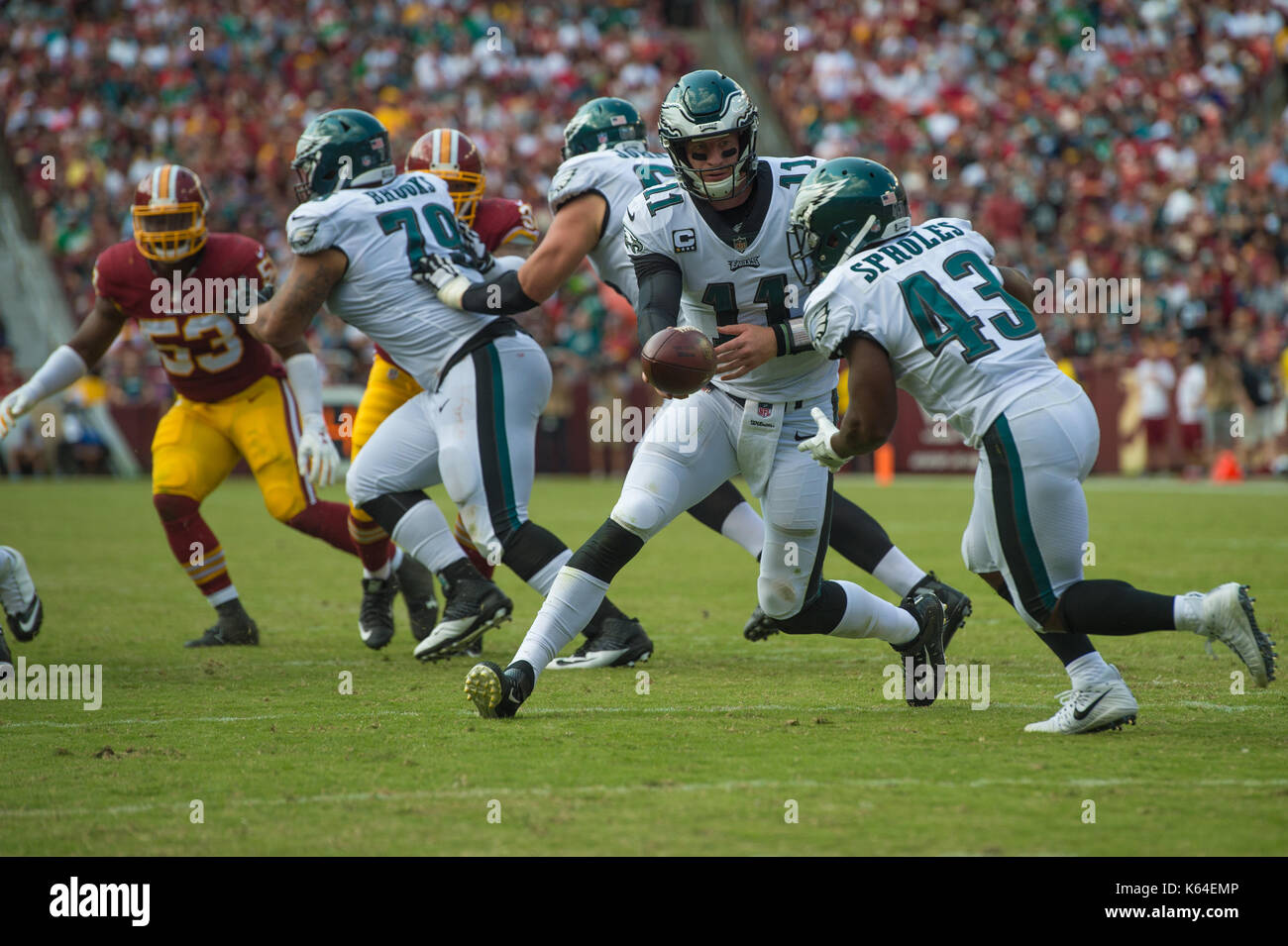 SEP 10 2017 : Philadelphia Eagles quarterback Carson Wentz (11) hands ...