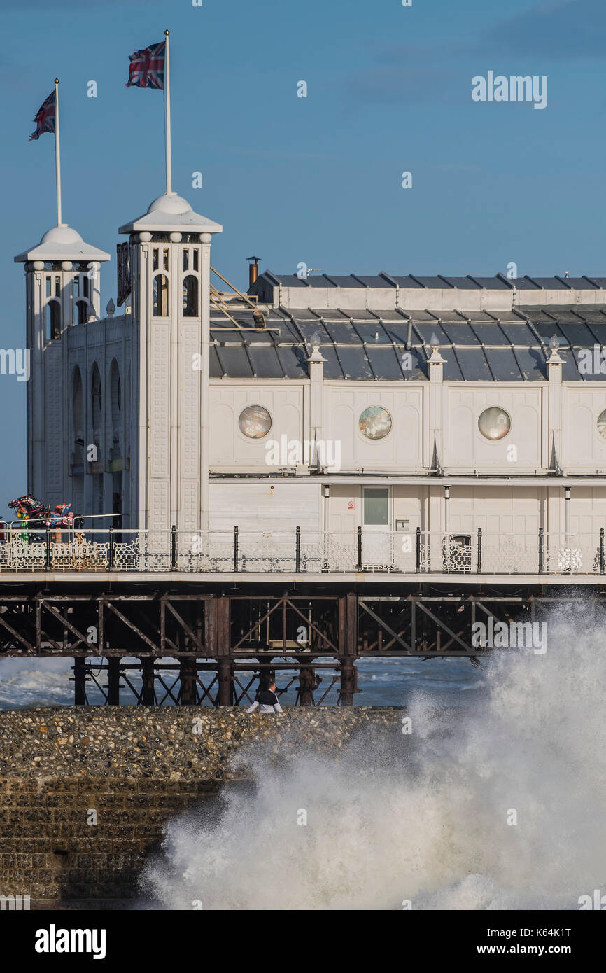 Brighton, UK. 11th Sep, 2017. UK Weather. The waves crash in - Dusk on ...