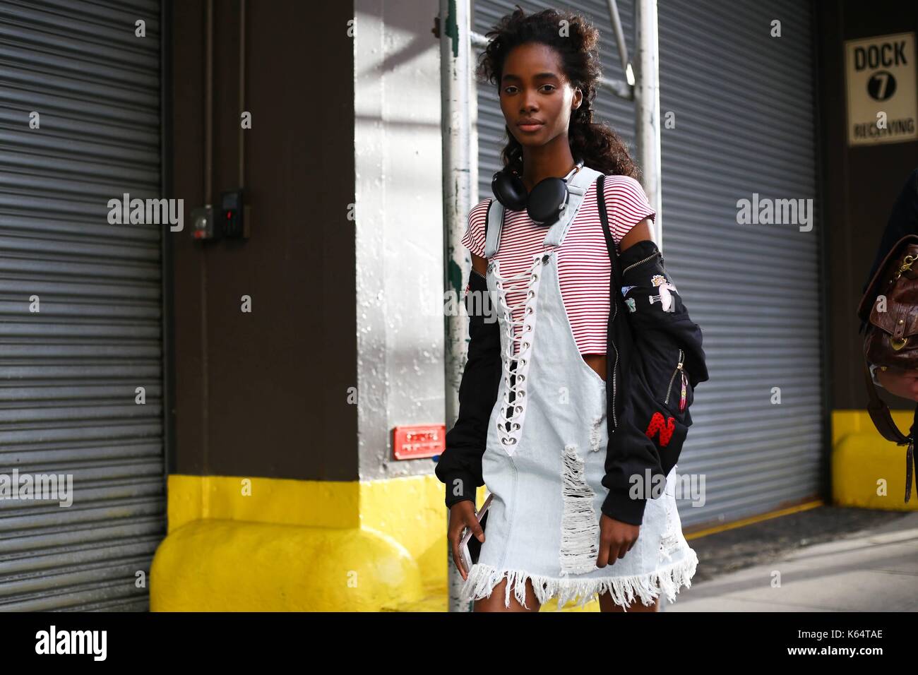 Model Tami Williams posing outside of the Dion Lee runway show during ...