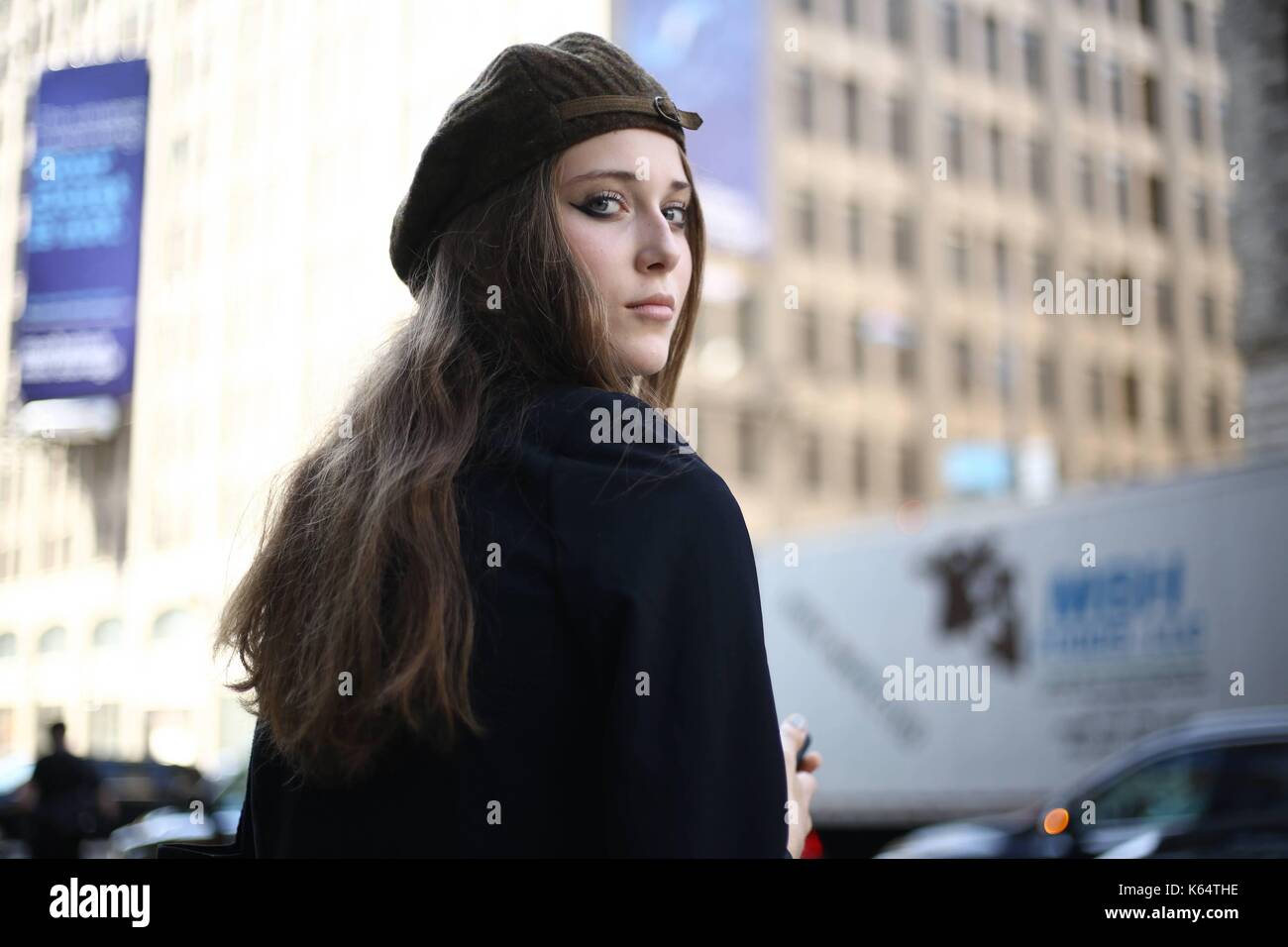 New York City, USA. 09th Sep, 2017. A chic showgoer posing outside of ...