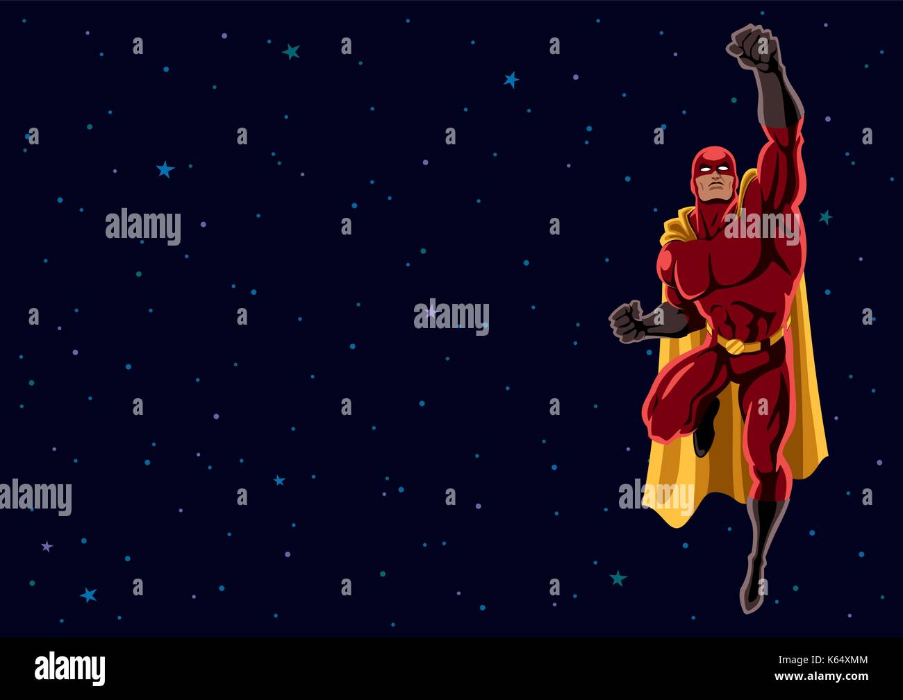 Cartoon illustration of flying superhero over space background and copy ...