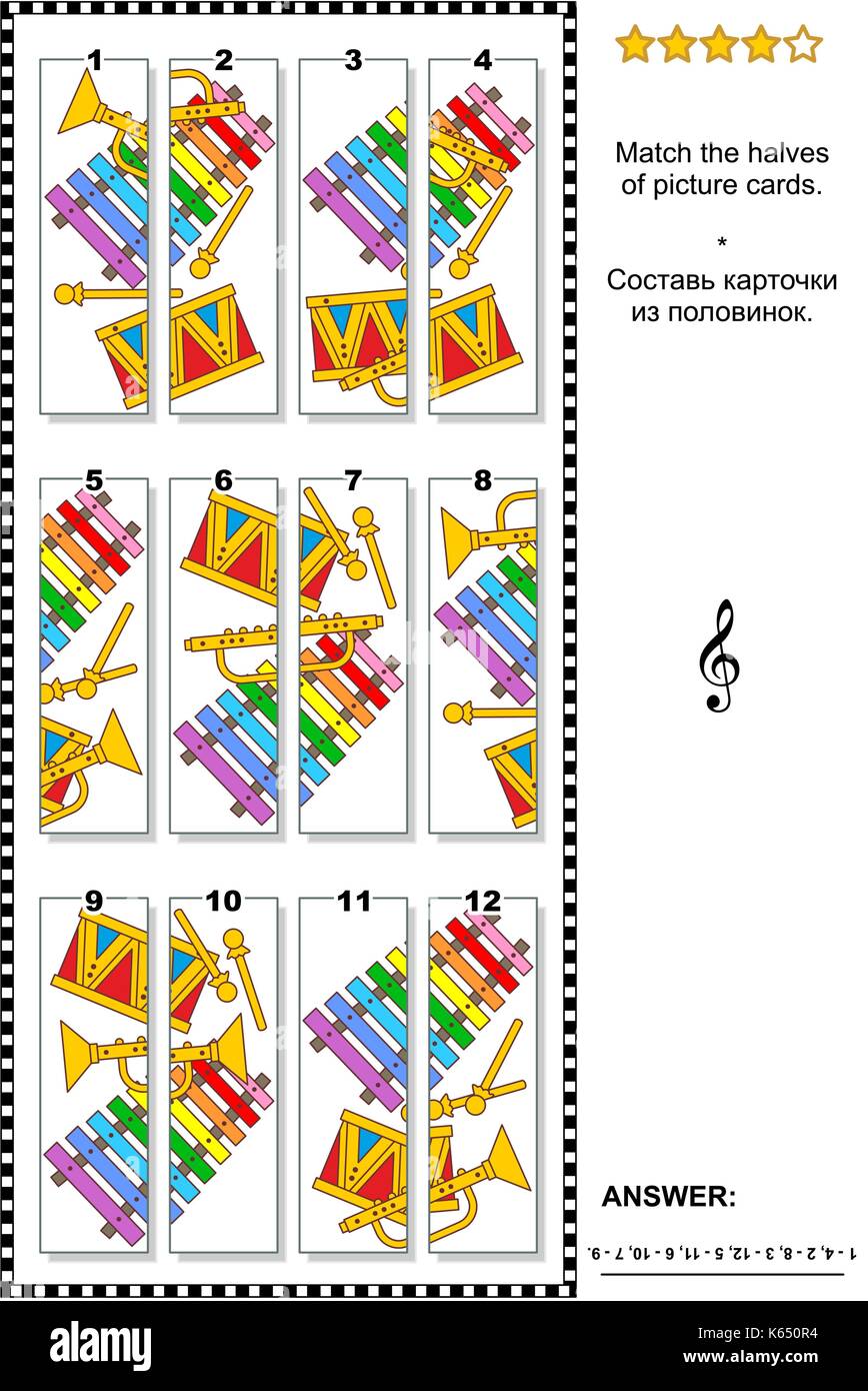 Visual puzzle: Match the halves of cards with colorful toy musical ...
