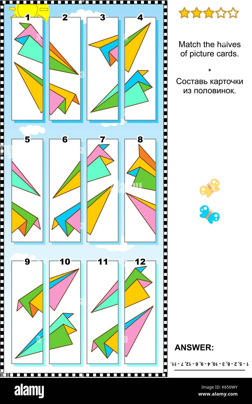 Visual puzzle: Match the halves of cards with colorful paper planes ...