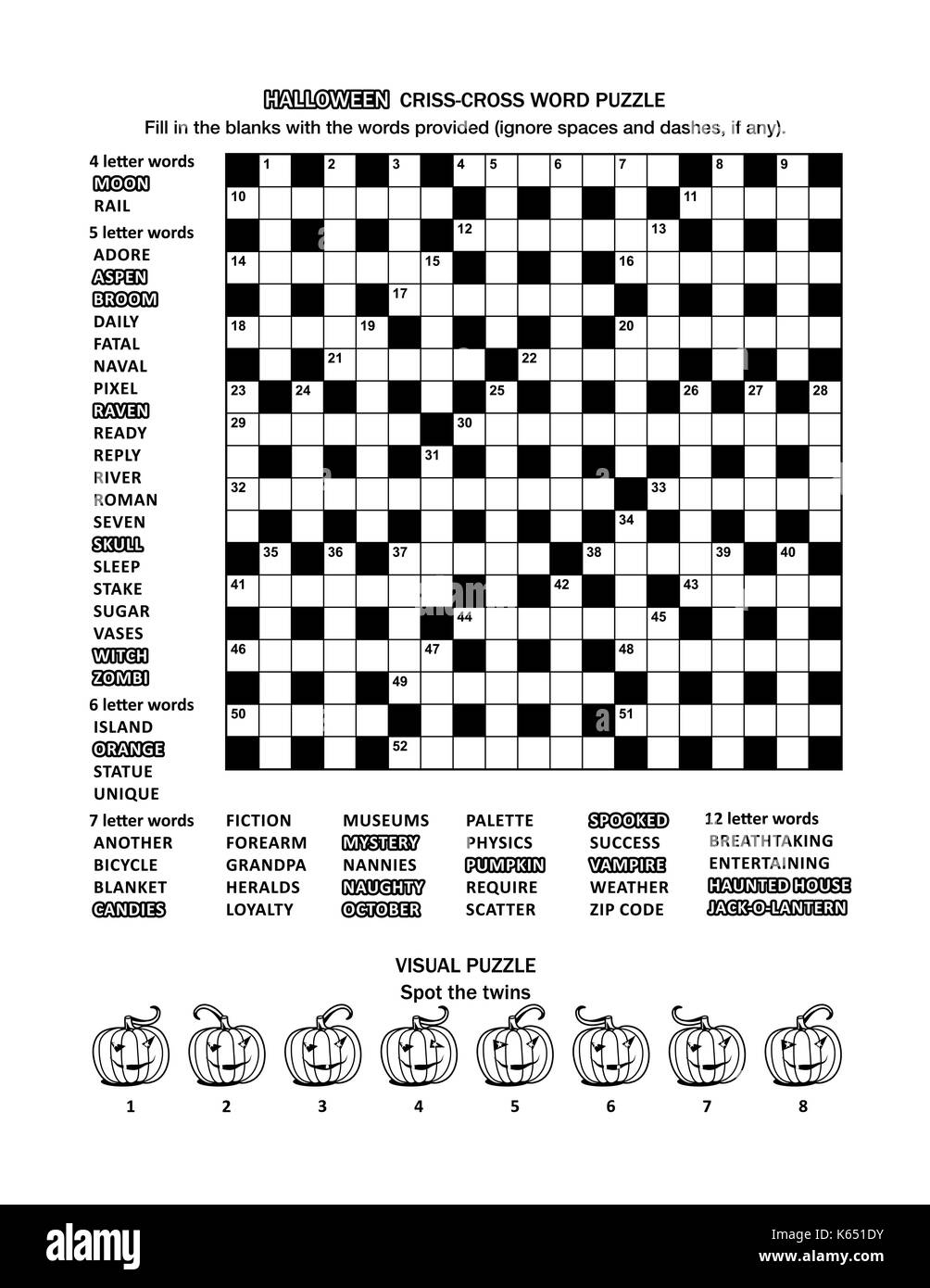 Halloween themed puzzle page with 19x19 criss-cross word game (English ...