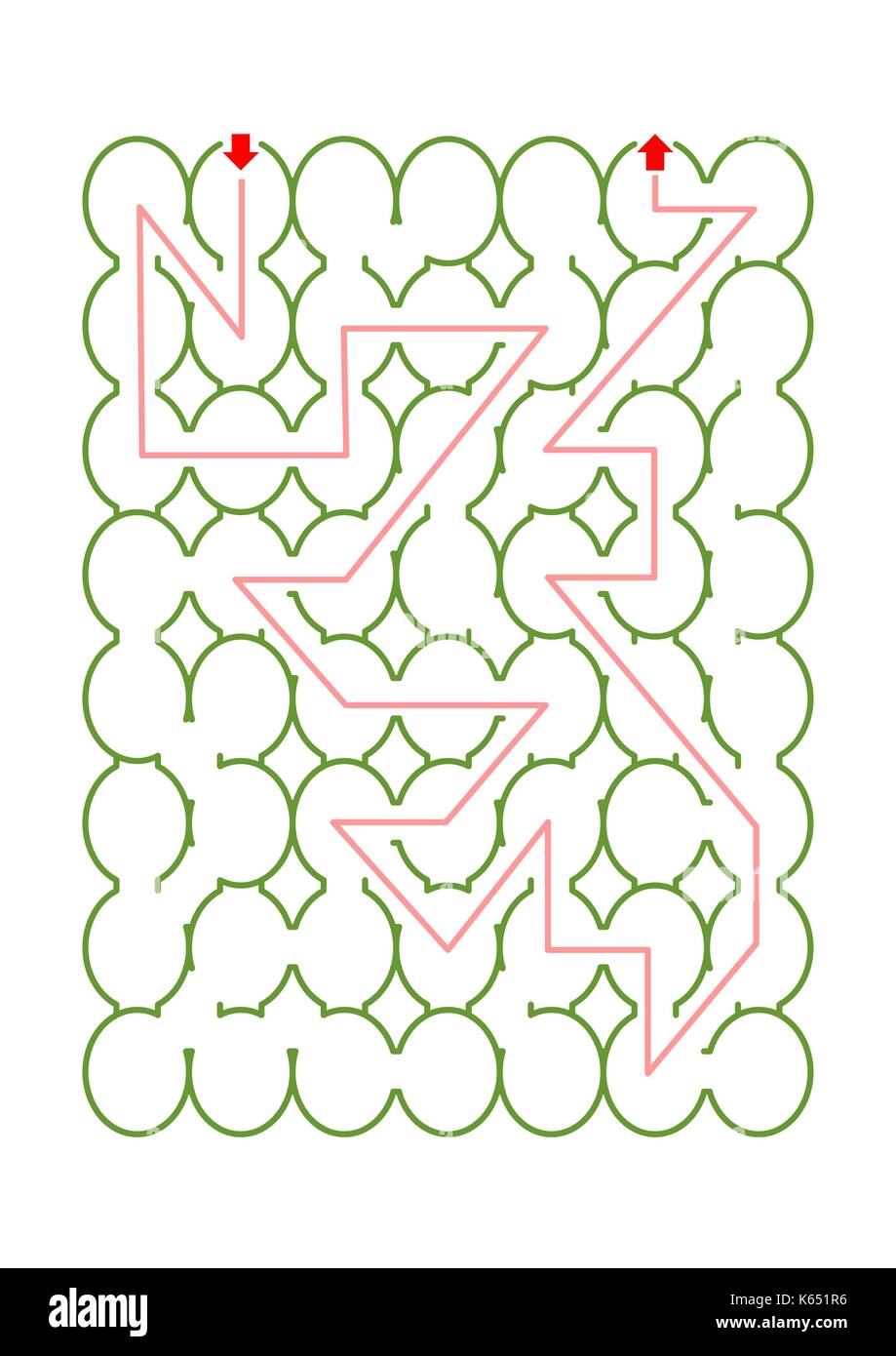 Oval or egg shaped maze game with solution path visible. If needed, add ...
