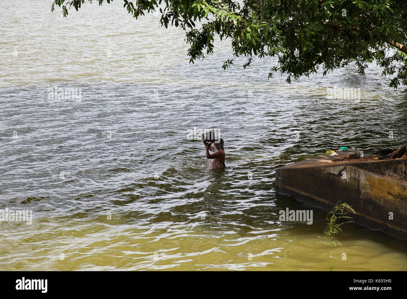 Sri Lanka - January 1, 2017: A woman bathing in a lake Stock Photo - Alamy