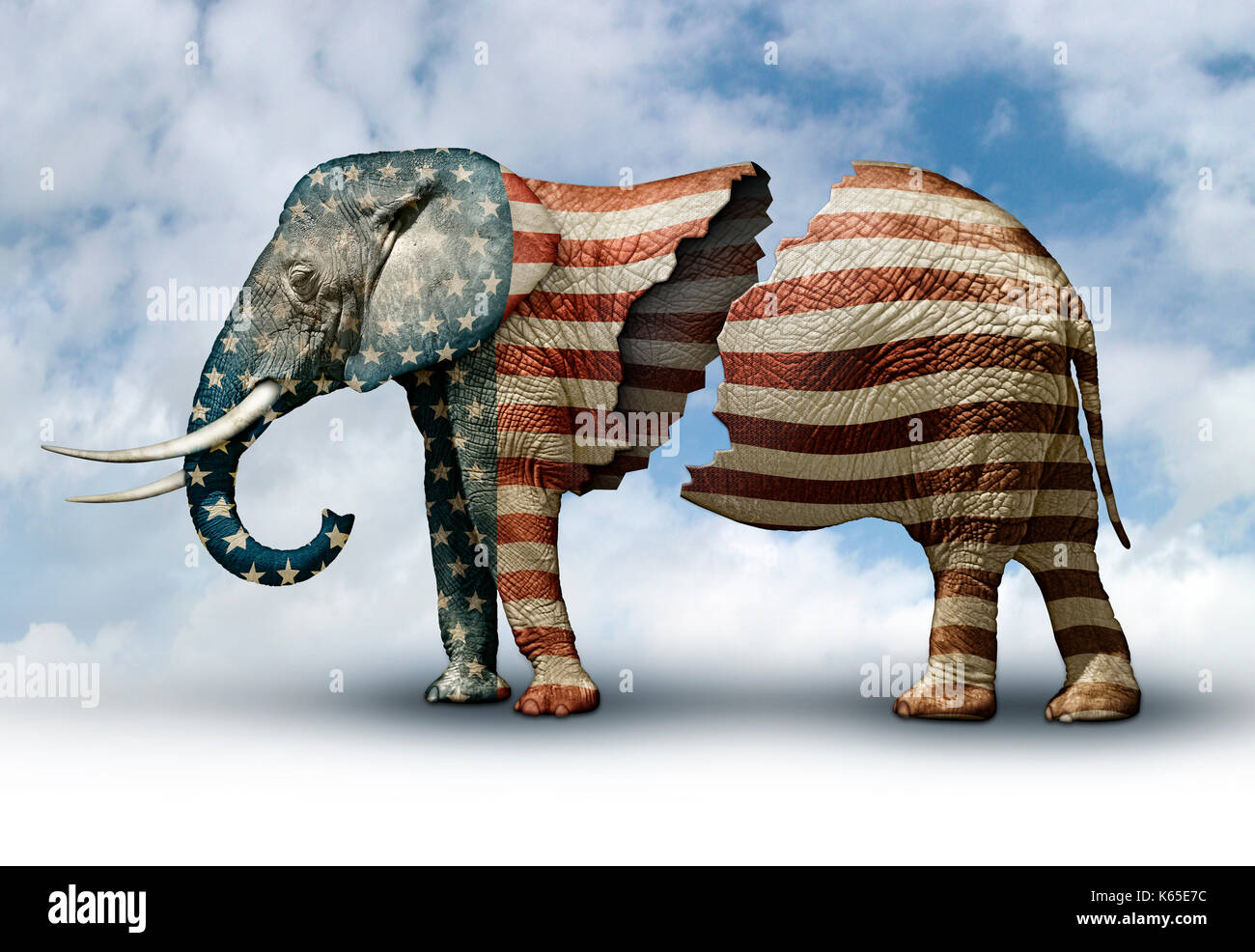 Photo illustration of a flag adorned elephant, split in two to ...