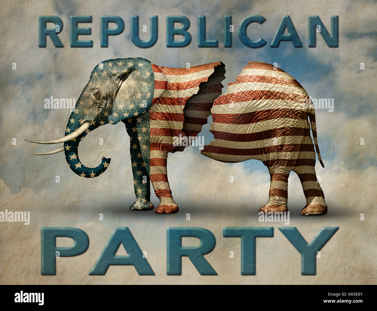 Photo illustration of a flag adorned elephant, split in two to ...