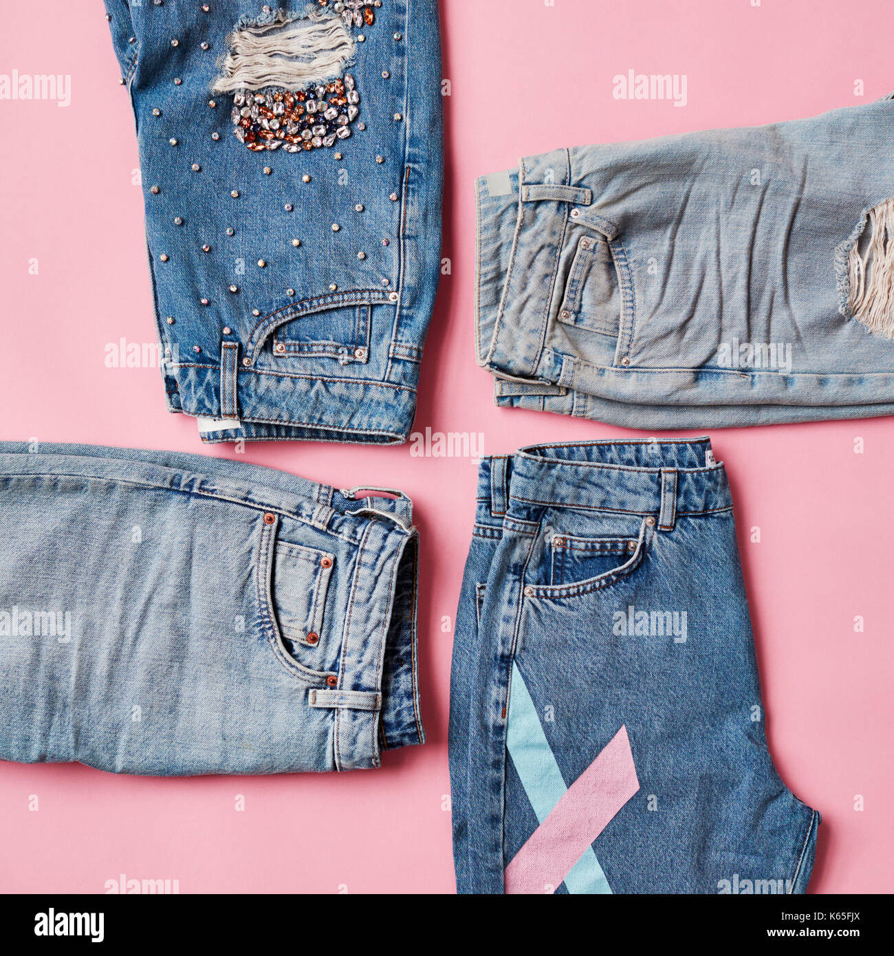 Flat Lay Shot Of Vintage Denim Jeans Stock Photo - Alamy