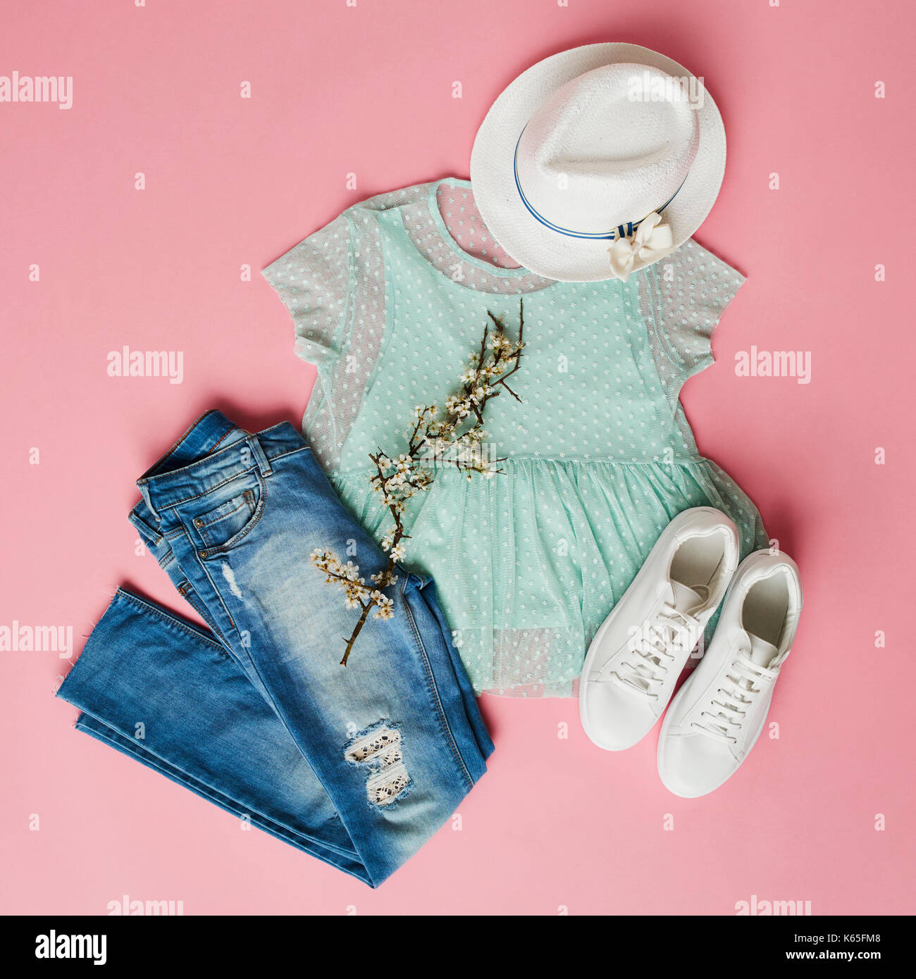 Flat Lay Shot Of Girls Spring Clothing And Accessories Stock Photo - Alamy