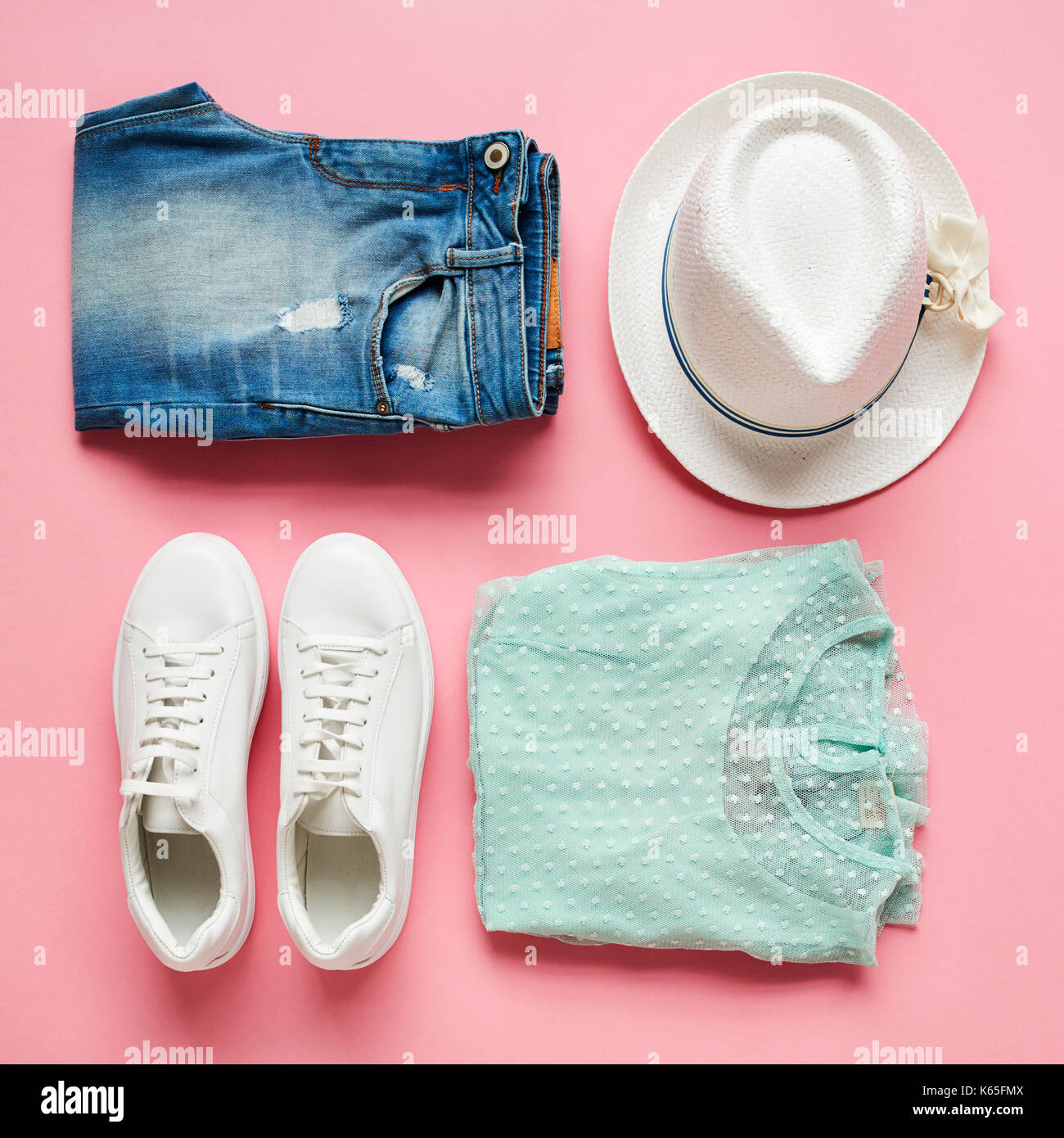 Flat Lay Shot Of Girls Spring Clothing And Accessories Stock Photo - Alamy