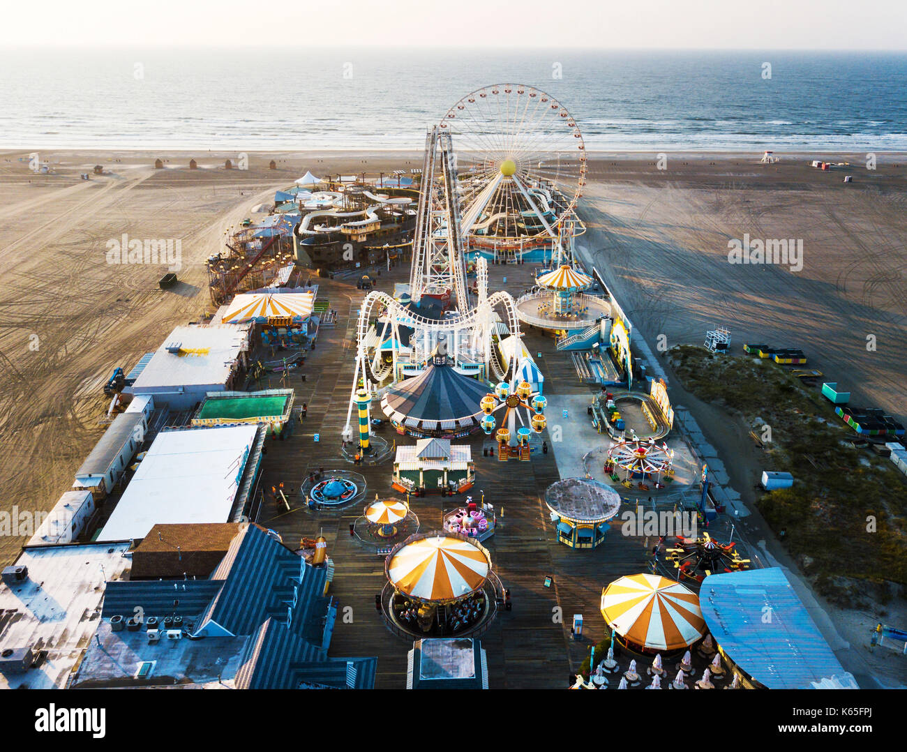 WILDWOOD, NEW JERSEY, USA - SEPTEMBER 5, 2017: Aerial view of the the Moreys Piers and ...