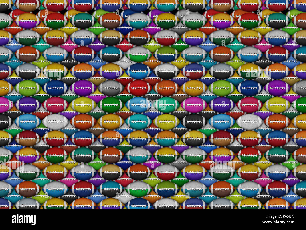 Variety of differently colored footballs arranged in a background ...