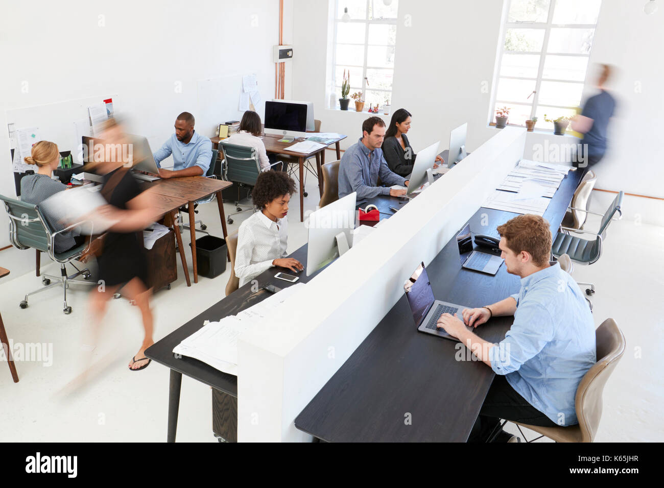 Young colleagues at computers in a busy open plan office Stock Photo ...