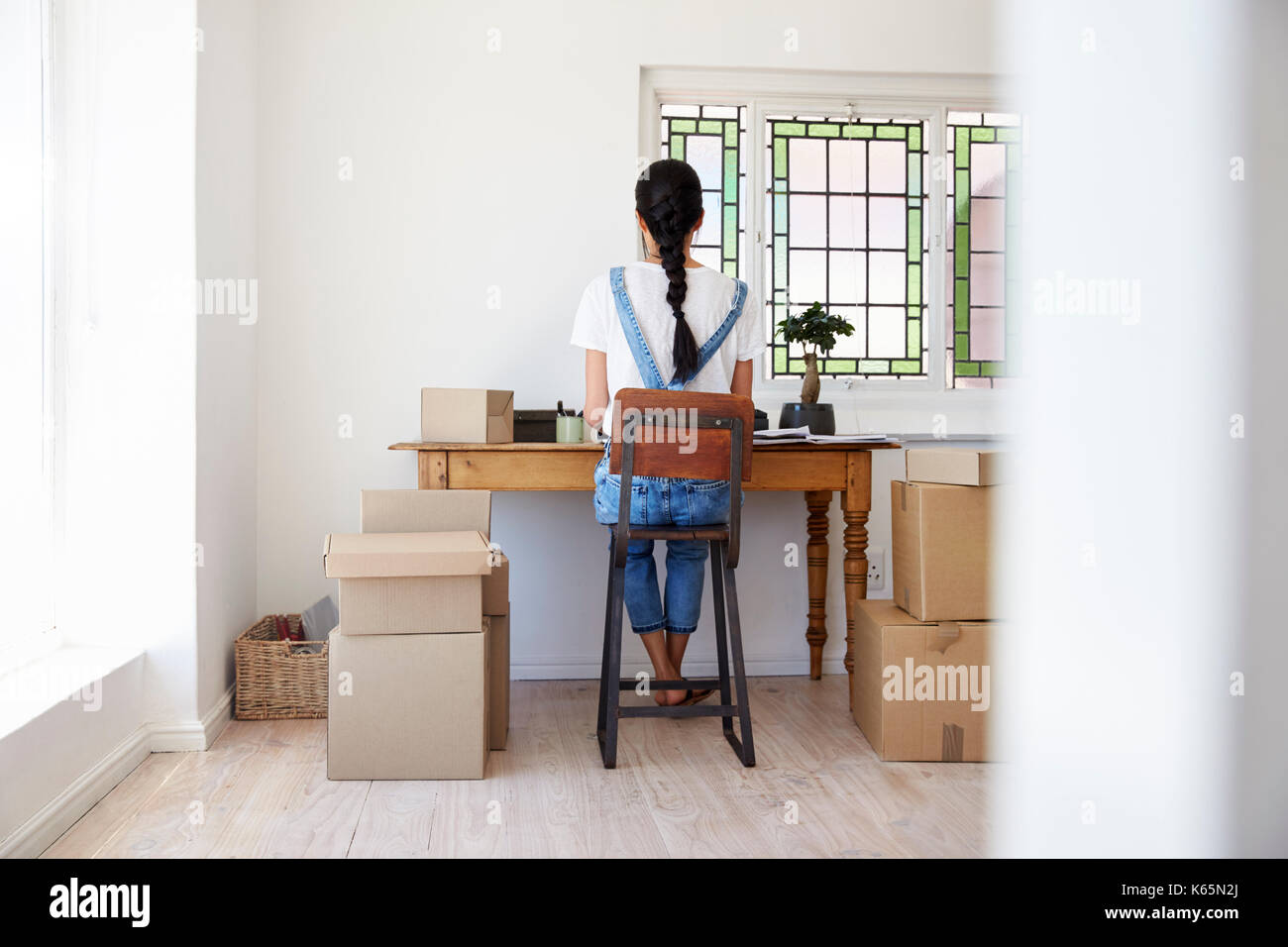Rear View Of Woman Running Business From Home Dispatching Goods Stock ...