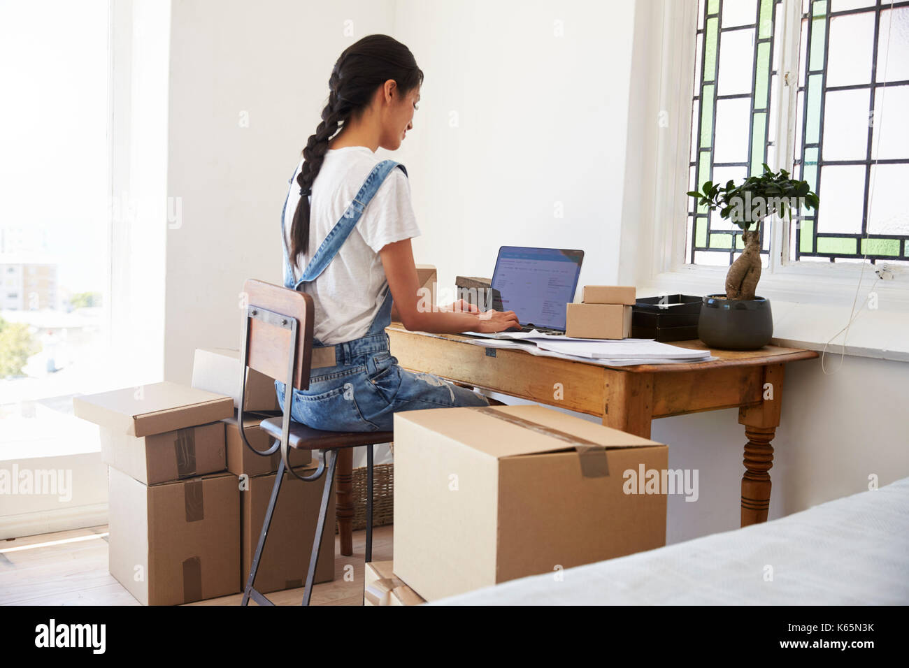 Rear View Of Woman Running Business From Home Dispatching Goods Stock ...