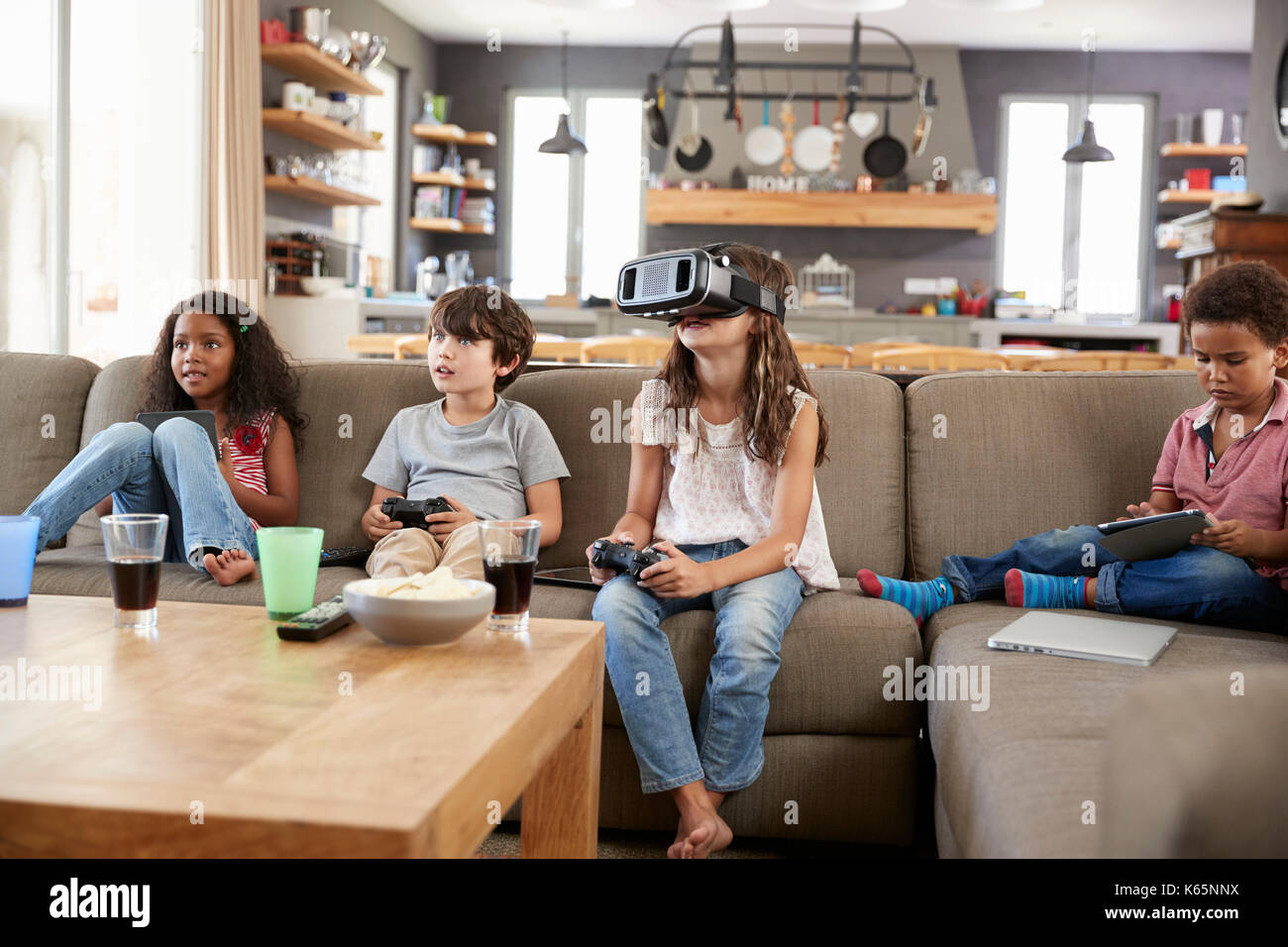 Children Play Computer Game Using Virtual Reality Headset Stock Photo ...