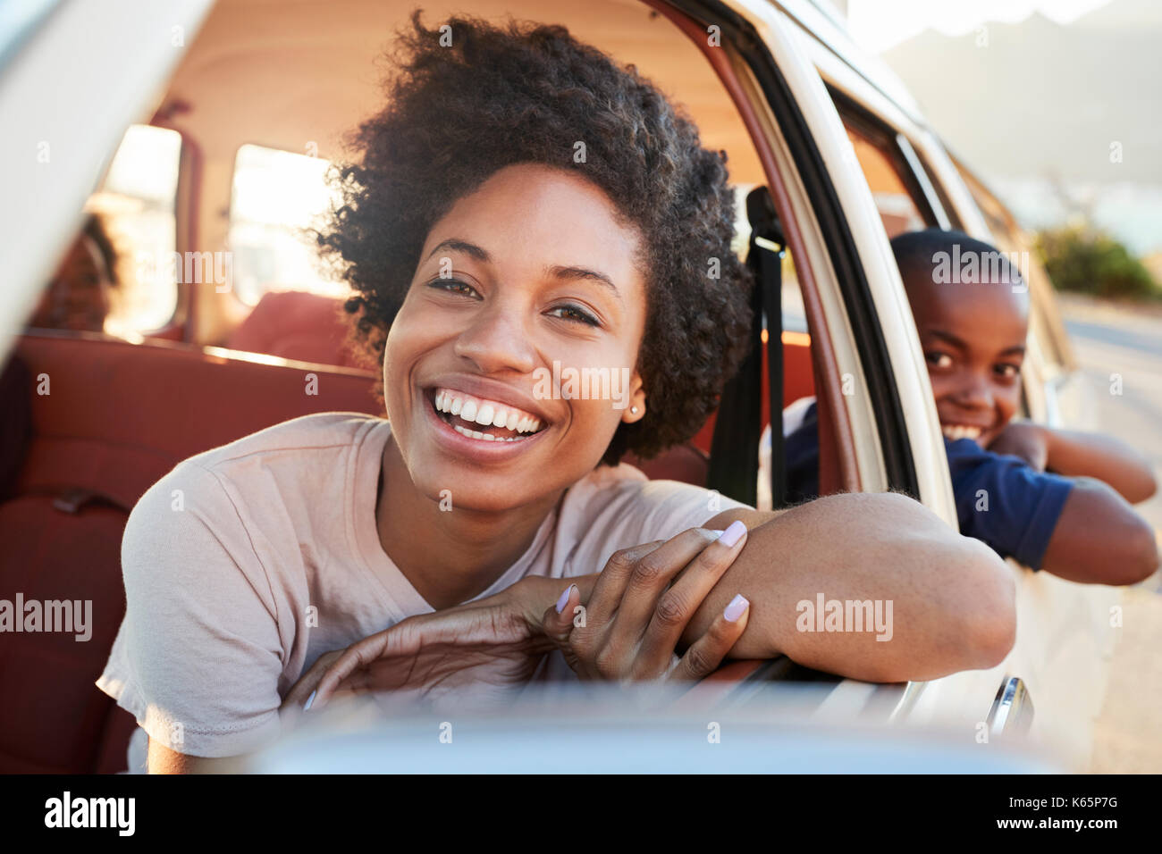Portrait Of Mother And Children Relaxing In Car During Road Trip Stock ...