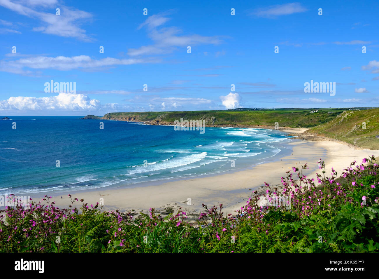 Wide sandy beach with waves, Sennen Cove, Sennen, Cornwall, England ...