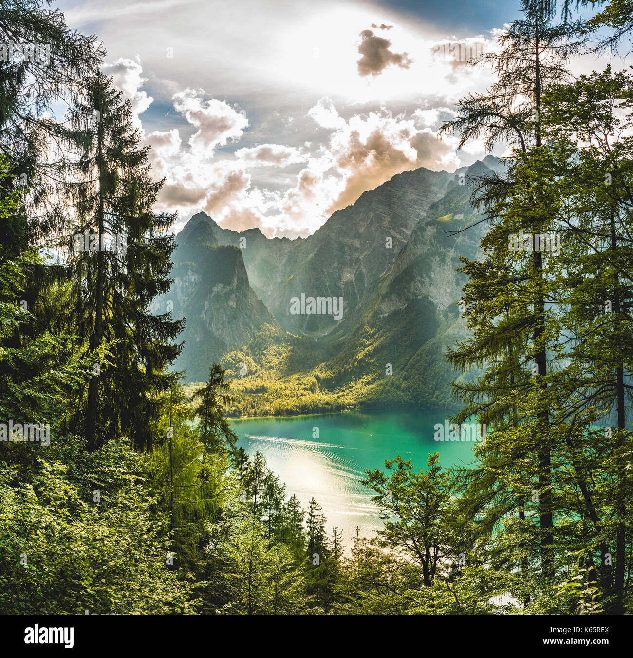 View of Lake Königssee, near the jetty Kessel, Berchtesgaden National ...