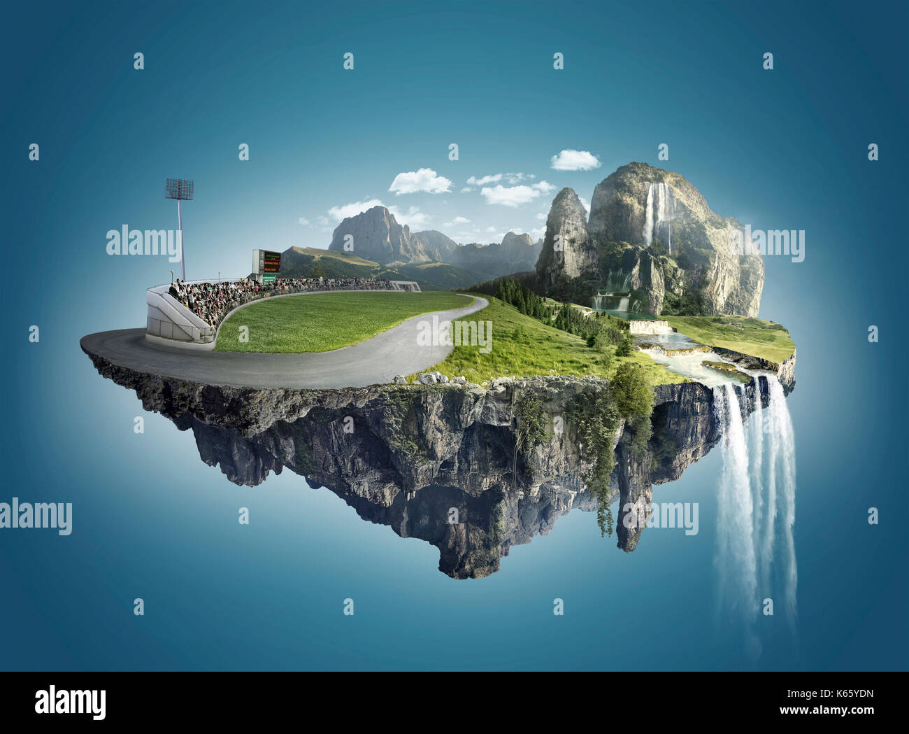 Magic island with floating islands, water fall and field Stock Photo ...