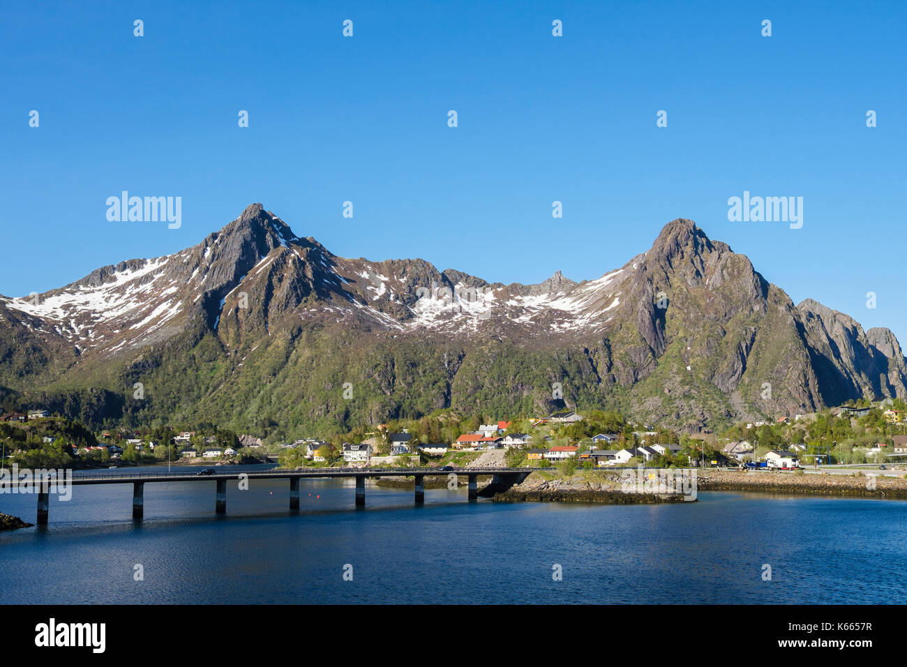 European E10 highway road bridge crossing the sea. Svolvær, Austvågøya ...
